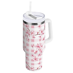 ALAZA Cute Cherry Flowers Plaid 40 oz Tumbler Water Bottle with Straw Lid and Handle,Reusable Insulated Stainless Steel Cup for Women Men Travel Car Cup Holder