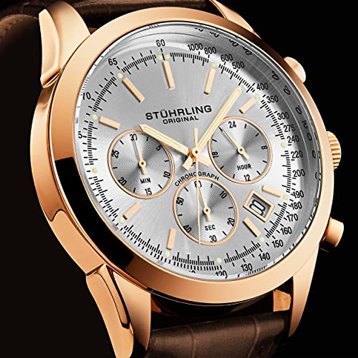 Stuhrling Original Mens Watches Chronograph Analog Silver Dial with Date Rose Gold Steel Case Tachymeter 24-Hour Subdial Mens Brown Leather Strap