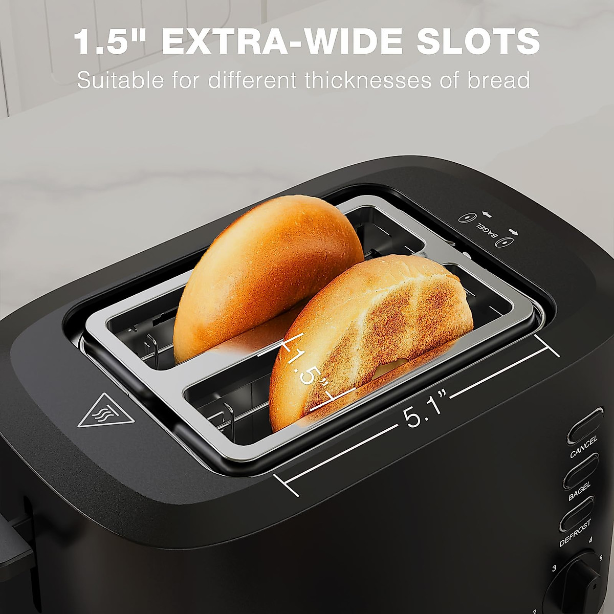 Anfilank Compact 2 Slice Toaster with 1.5" Extra Wide Slots, Built-in Warming Rack & Removable Crumb Tray - 6 Browning Options, with Defrost, Bagel, and Cancel Function - Matte Black
