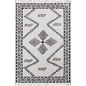 Casavani Hand Block Printed Rug Geometric Brown & Black Tassel Rug Easy Care Washable Rugs for Doormat Entryway Living Room Bedroom Hallway Balcony 9x15 Feet