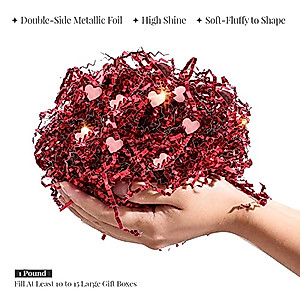 PAPER FAIR 1 LB Valentine's Day Crinkle Cut Paper with Rose Gold Heart Confetti, Metallic Red Paper Shred Filler Strand Raffia Tissue Craft Bedding Cushion, Christmas Party Birthday Gift Box Basket Retail