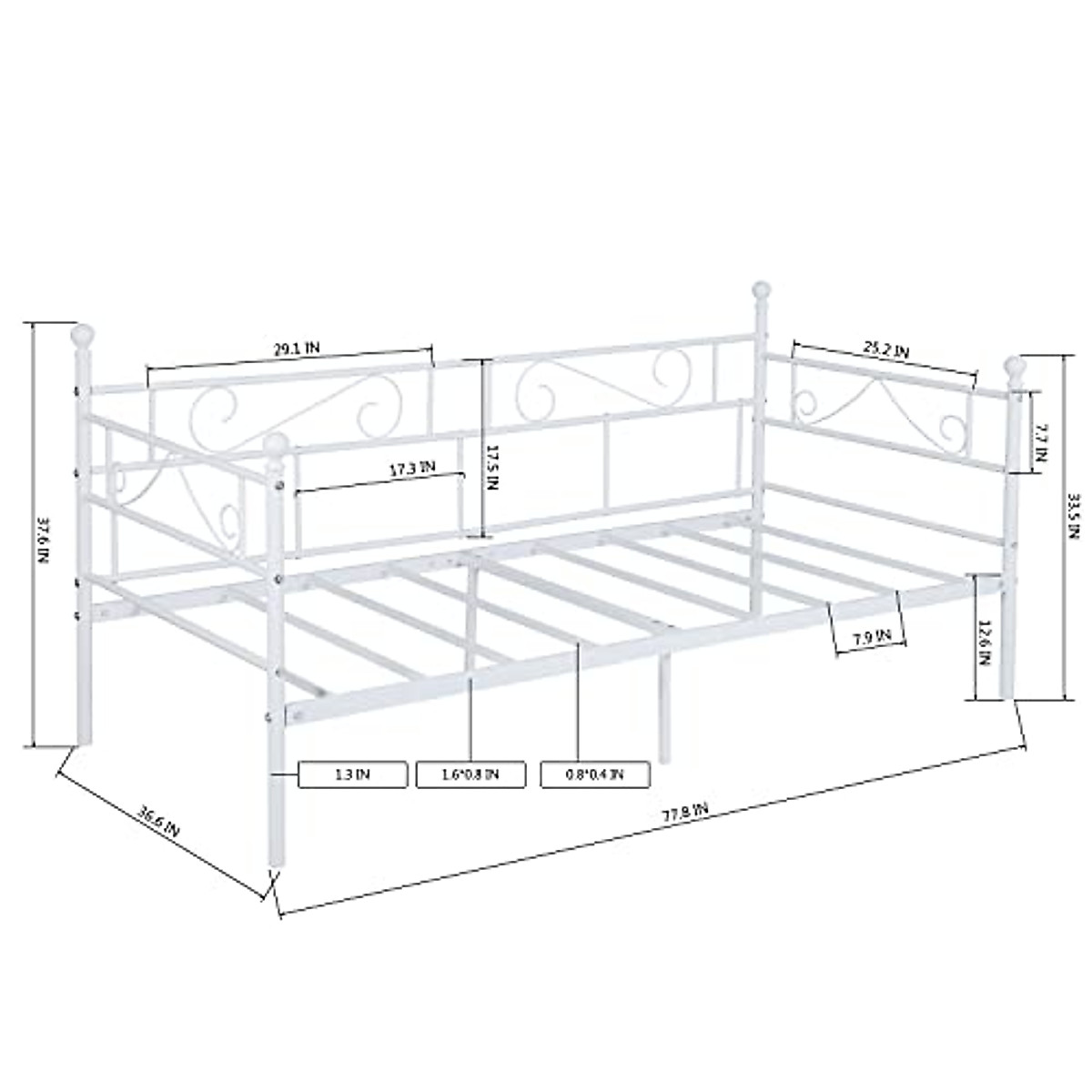 DORAFAIR Daybed Frame Twin Size with Headboard Storage Metal Steel Slates White Platform Bed Base Mattress Foundation Bed Sofa No Box Spring Replacement for Living Room Guest Room