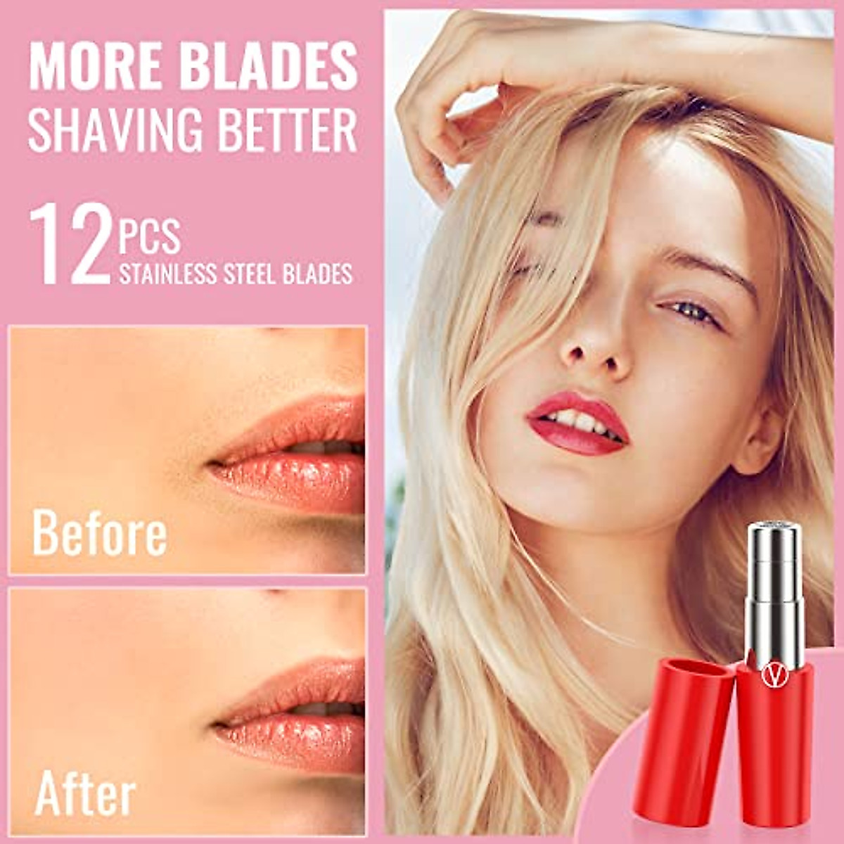 Vimdiff Facial Hair Removal for Women, Painless Hair Removal Device for Sensitive Skin, Face Razor Trimmer Shaving for Peach Fuzz/Chin/Upper Lip, 6 Hours of Usage Time