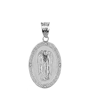 925 Sterling Silver Saint Gabriel The Archangel CZ Oval Medal Pendant (1")