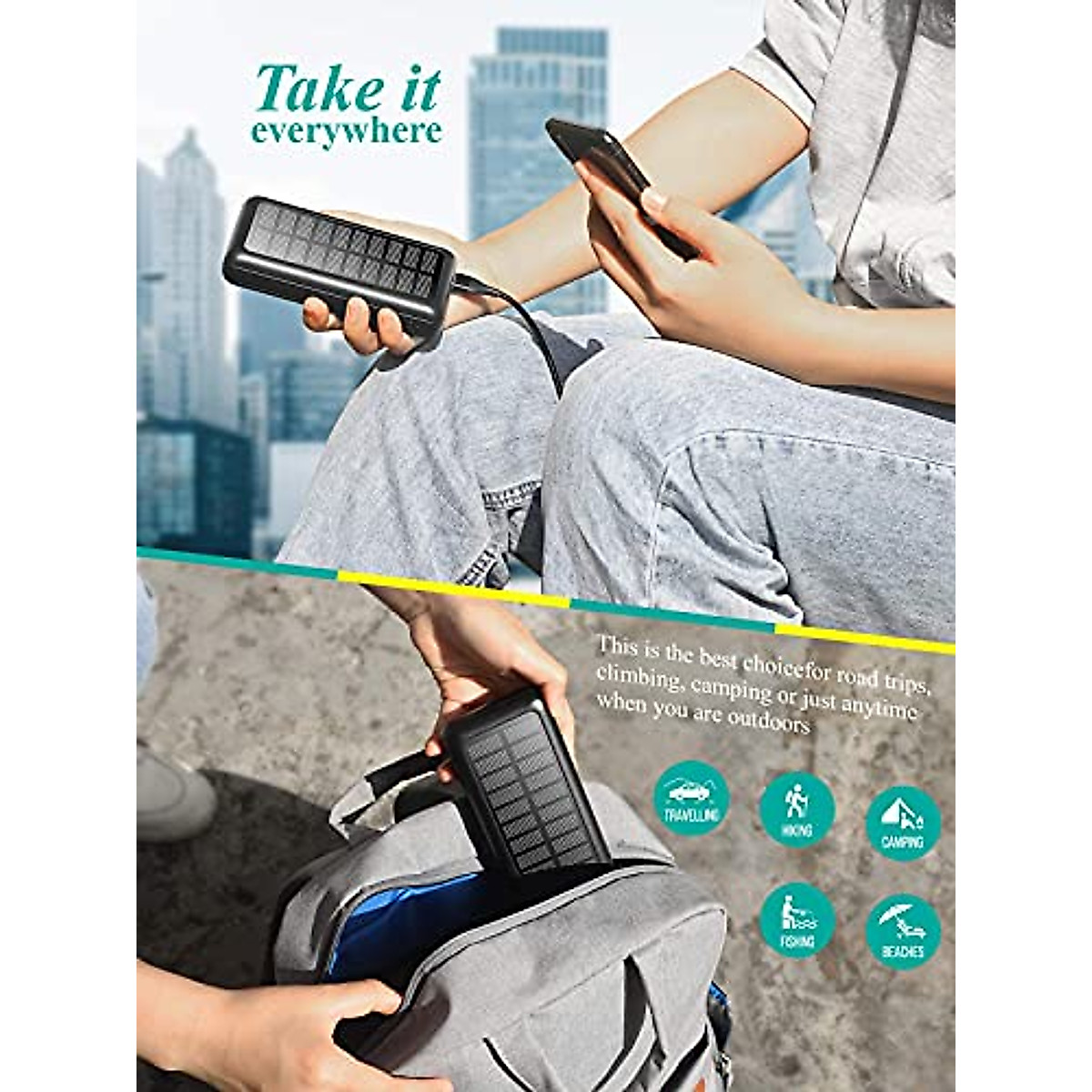 SOXONO Portable Charger Power Bank - 30000mAh Solar Charger, 2 USB Ports High-Speed Panel External Battery Pack for iPhone, Android and More