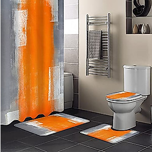 Chucoco 4 PCS Shower Curtain Set with Bath Rugs, Abstract Artwork Gray Orange Oil Waterproof Curtains, Soft Bathroom Non-Slip Floor Mats Toilet U-Shaped Pad and Toilet Lid Covers Modern Art