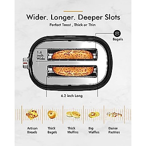 Longdeem 2-Slice Toaster, Extra Wide Slots, 6 Browning Options With Lift and Look, Auto Shut-Off & Frozen Function for Toasting Fruit Bread, Bagels & Waffles, Removable Crumb Tray, Matte Black
