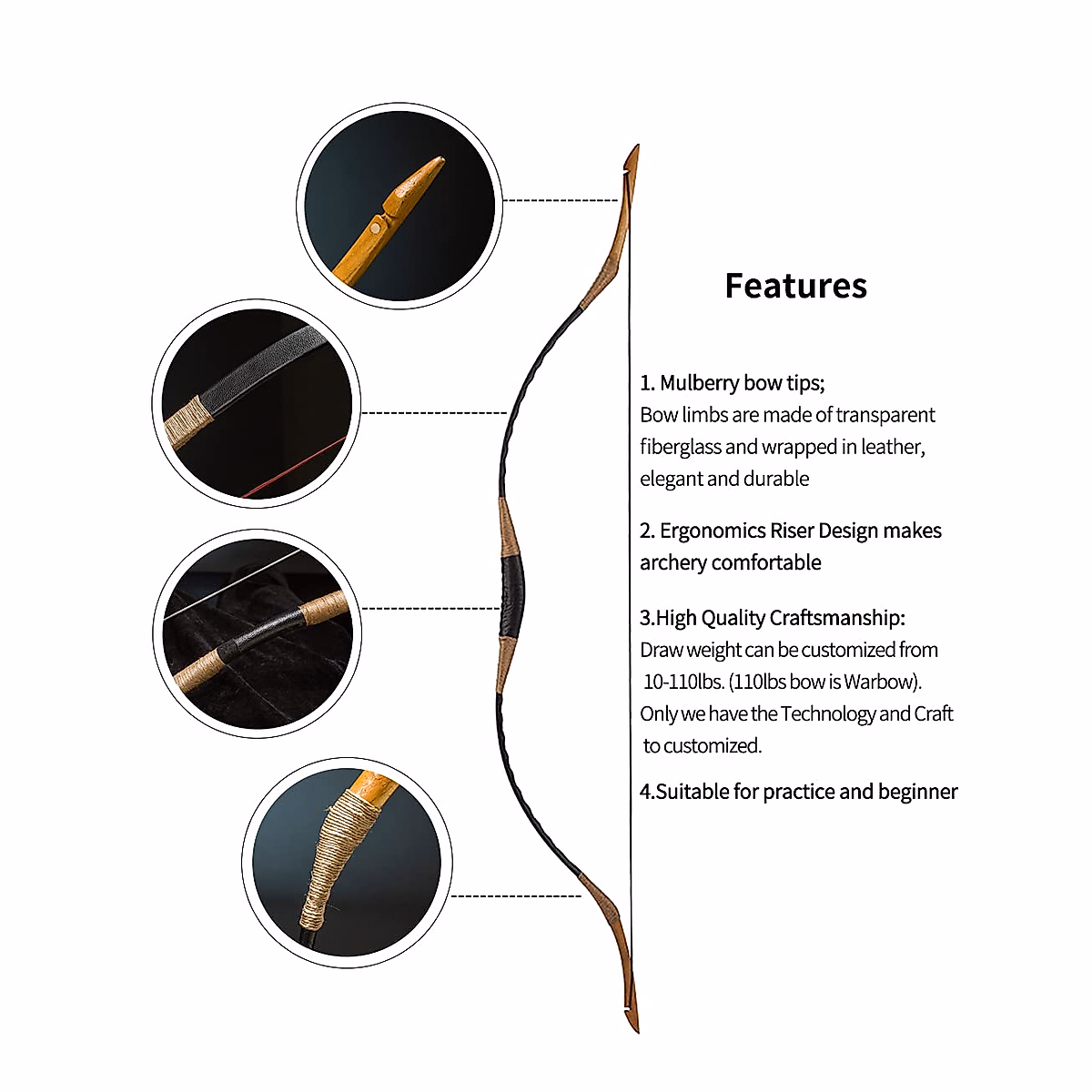 Hungarian Style Handmade Longbow Flagella Recurve Horsebow Archery 60LB