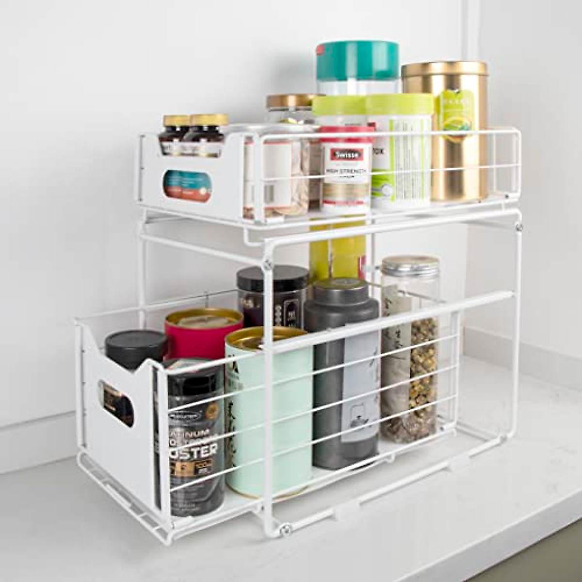 R RUIMEI 2 Set, 2-Tier Under Sink Organizer, Multipurpose Slide-Out Storage Container with Handle, Kitchen Organization and Storage, Bathroom Organization, Pantry Organization, White