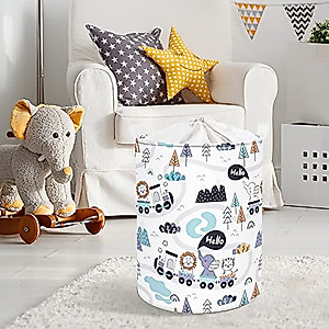 Clastyle 45L Urban Traveling Animals Elephant Nursery Laundry Basket Lion Tiger Train Round Toy Clothes Storage Basket for Kindergarten, 14.2x17.7 in