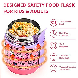 Pawtong 10oz Soup Thermo for Hot Food Kids Insulated Food Jar,Thermo Hot Food Lunch Container, Width Mouth Stainless Steel Lunch Box for Kids with Spoon (Pink-flamingo)