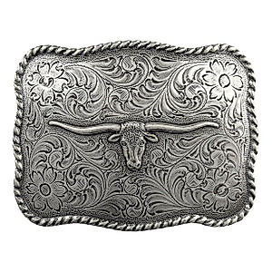 H8143 Western Antique Silver Texas Longhorn Steer Head Belt Buckle (Antique Silver)