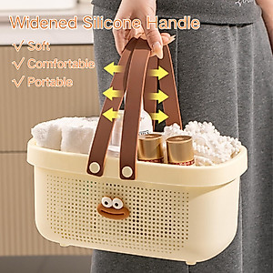 FlamingWind Large Shower Caddy Basket, Portable Plastic Storage Basket with Soft Silicone Handles for Soap and Shampoo, Shower Storage Organizer Tote for Bathroom, College Dorm (Cream)