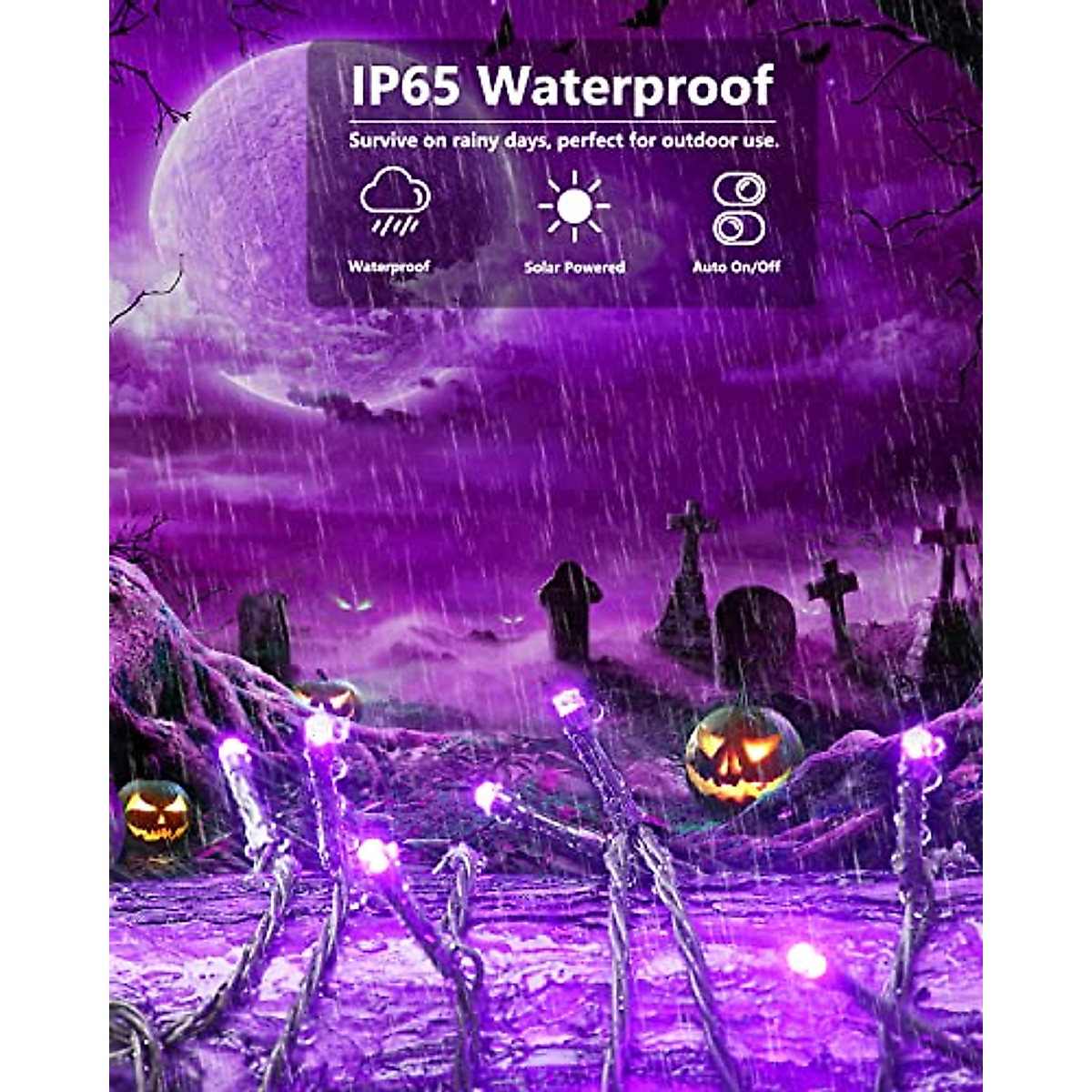 Flacchi Purple Solar Halloween Lights 72ft 200 LED 8 Modes Waterproof Solar String Lights for Garden,Patio,Fence,Balcony,Outdoor,Holiday Decoration