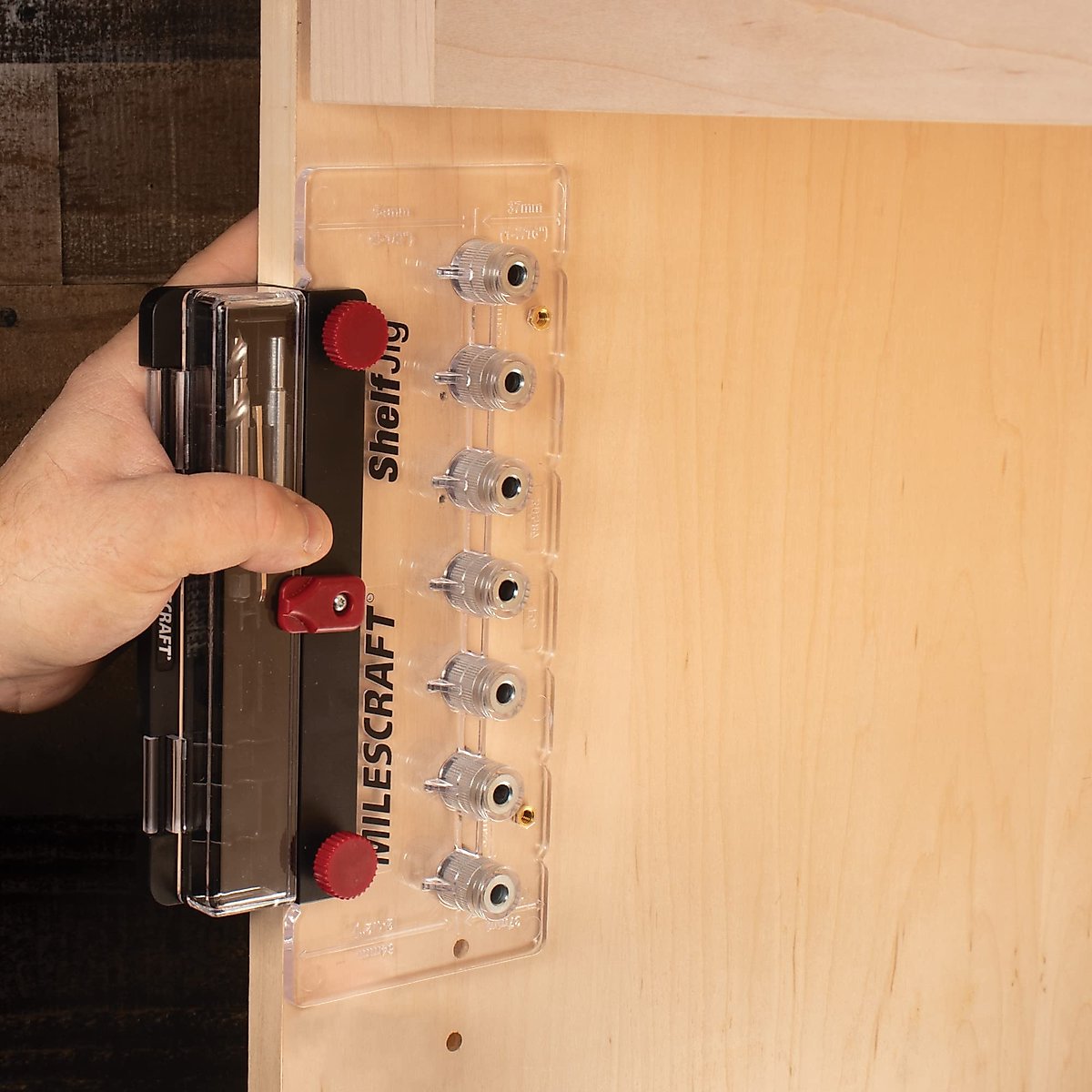 Milescraft 1343 Shelf Jig – Create ¼ in. and 5mm Shelf Pin Holes for Cabinets. Standard 32mm Spacing. Shelf Pin Jig includes Two Drill Bits