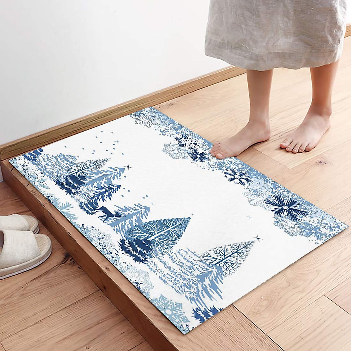 Christmas Winter Kitchen Rugs and Mats Set of 2 New Year Abstract Snowflake Elk Blue Xmas Kitchen Mat,Non-Slip Area Runner Rug,Washable Floor Mat for Home Dining Room Office 16x24in+16x47in