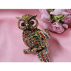 Alilang Womens Stretchy Antique Golden Tone Multicolored Rhinestones Rainbow Owl Bird Ring
