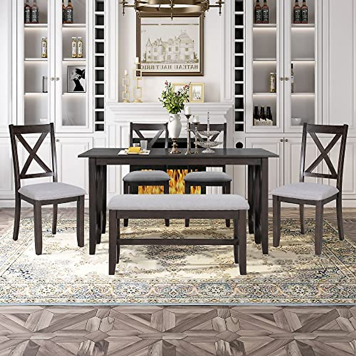 WOZNLA 6-Piece Rustic Dining Table Set - Foldable Table, 4 Padded Chairs, and 1 Bench - Ideal for Kitchen and Family Gatherings, Home Furniture Set, Espresso