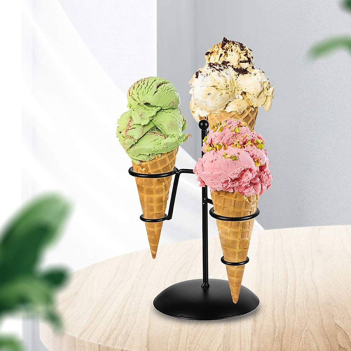 Black Iron Ice Cream Cone Holder Stand with Base 3 Holes to Display Snow Cones Sushi Hand Rolls Popcorn Candy French Fries Sweets Savory