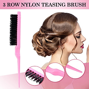 Sularpek 3 Pieces Slick Brush Set Bristle Hair Brush, Teasing Brush Edge Brush, Rat Tail Comb, for Edge & Back Brushing, Combing Slicking Hair for Women Girls (Pink)