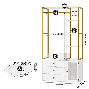 BOTLOG 81.3” H Heavy Duty Clothes Rack with Cabinet, Drawer, and Shelf, Garment Rack Clothes Rack with Metal Frame and Wooden Shelves for Bedroom, Dressing Room, Walk-in Closet