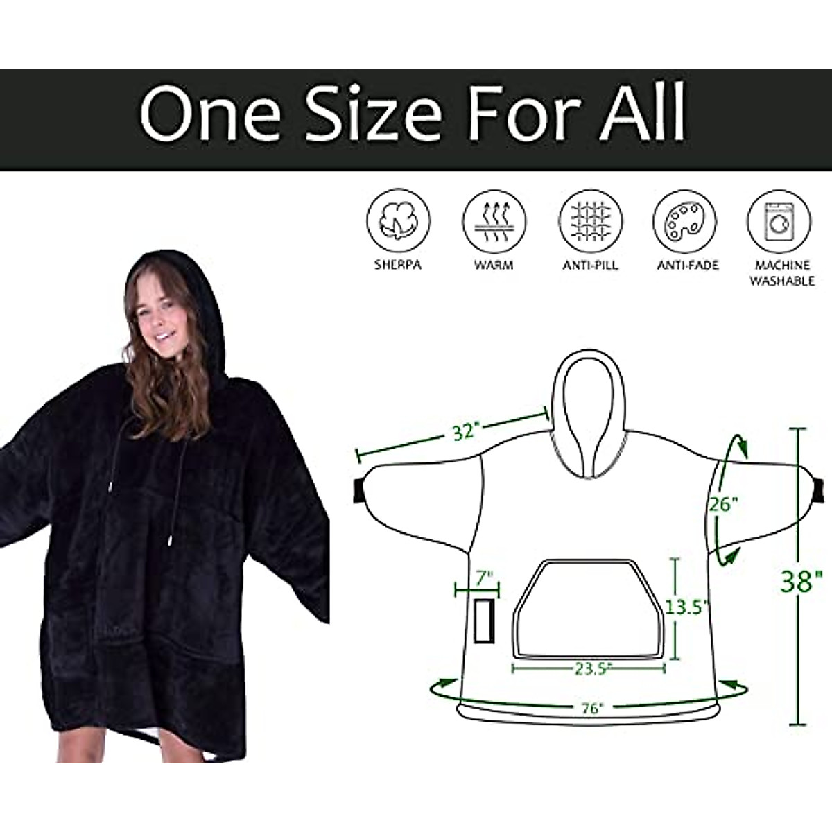 Sherpa Oversized Hoodie Blanket - Double Sided Sweatshirt Blanket Hoodie Women / For Men And Kids | Big Wearable Blanket For Adults And Teens One Size Fits All |  The Ultimate Gift - Reluxie (Black)