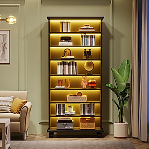 Tribesigns 69-Inch Tall Bookcase with LED Lighting, Modern 9-Tier Freestanding Bookshelf with Solid Wood Legs, Wooden Open Display Shelf Organizer for Living Room, Home Office (1, Black)
