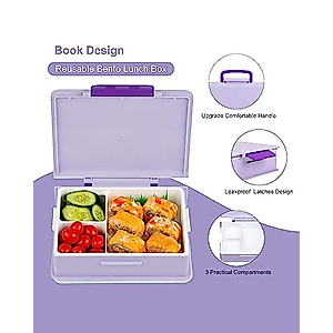 FOOYOO Bento Box Adult Lunch Box, Bento Box for Kids, 3 Compartment 1050ML Leak-Proof Bento Lunch Box for Kids, BPA-Free, Freezer, Dishwasher and Microwavable Safe (Purple)