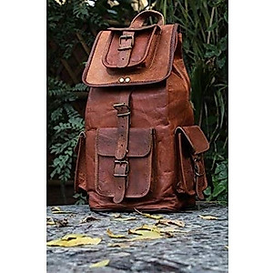 20" Retro Travel Rucksack Backpack Brown Leather Bag for Men Women