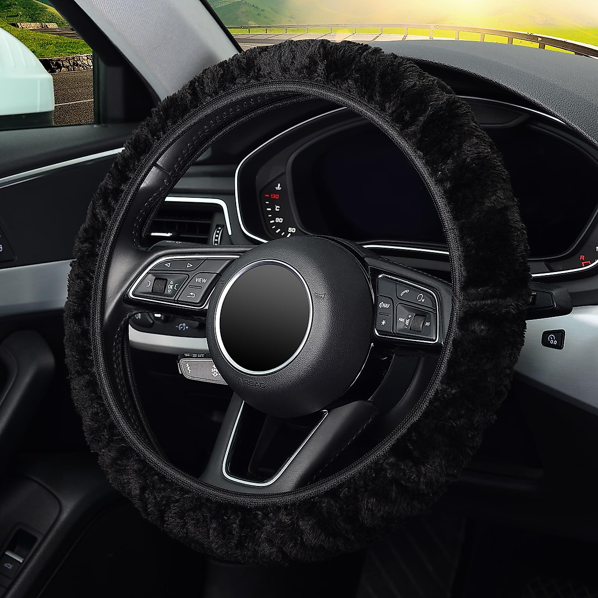 KAFEEK Elastic Long Microfiber Plush Steering Wheel Cover for Winter Warm, Universal 15 inch, Anti-Slip, Odorless, Black