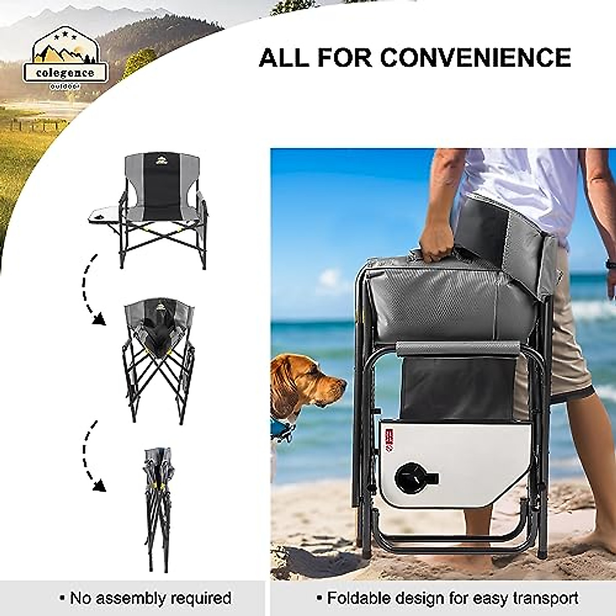 Colegence Oversized Director Camping Chair,600 LBS Heavy Duty Folding Chair,24"Cozy Outdoor Chair,With Cup Holder and Adjustable Table Folding Chair for Outside Beach,Lawn,Fishing,Camping,Patio,Makeup