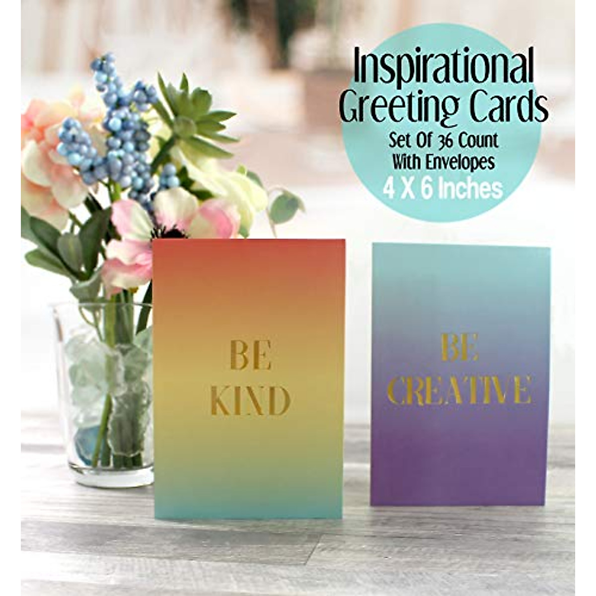 CAVEPOP Inspirational Greeting Cards Stationary Set, Thinking of You Encouragement Cards with Envelopes - 4 x 6 Inches - Pink, Blue and Purple Ombre with Gold Foil - 36 Pack (6 Designs)