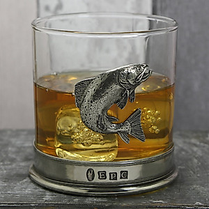 English Pewter Company 11oz Old Fashioned Whisky Rum Rocks Glass With Stunning Fishing Trout Badge [TUM09]