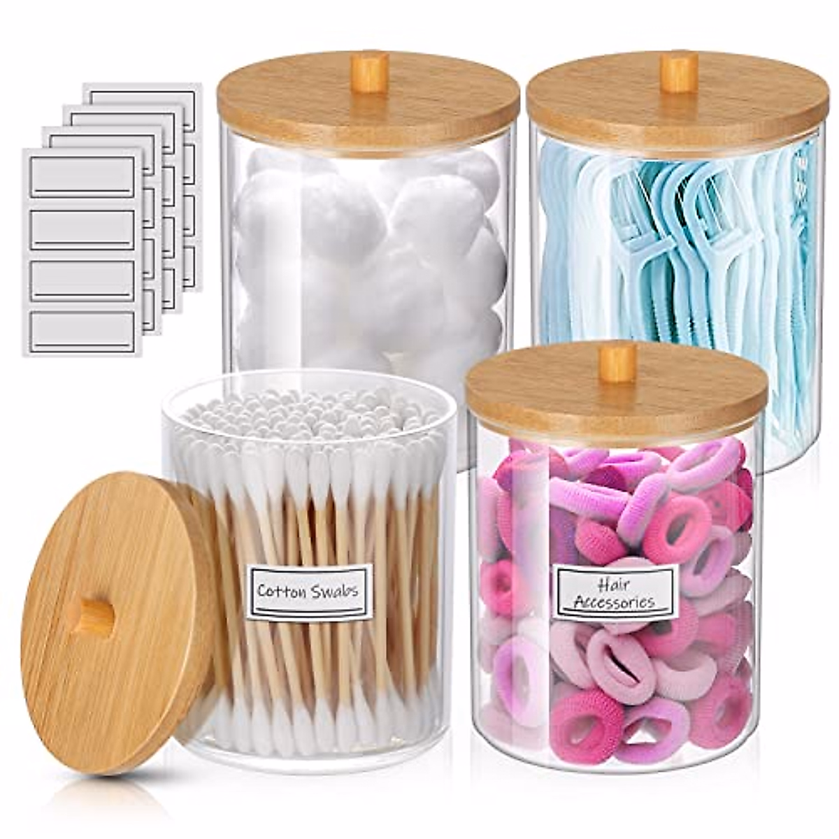 4 Pack Qtip Holder, Apothecary Jars with Lids, Q tip Holder Dispenser for Cotton Ball, Cotton Swab, Cotton Round Pads, Floss - 10 oz Acrylic Cotton Ball Holder Bathroom Organizer Bathroom Jars (4Pack Q tip Dispenser)