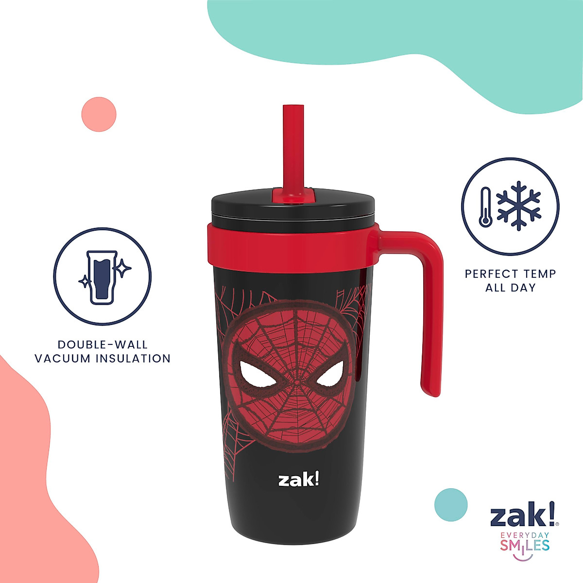 Zak Designs Marvel Fairway Travel Tumbler for On the Go or At Home, 18oz Stainless Steel with Vacuum Insulation, Spillproof Silicone Straw, and Carry Handle for Cold Drinks (Spider-Man)
