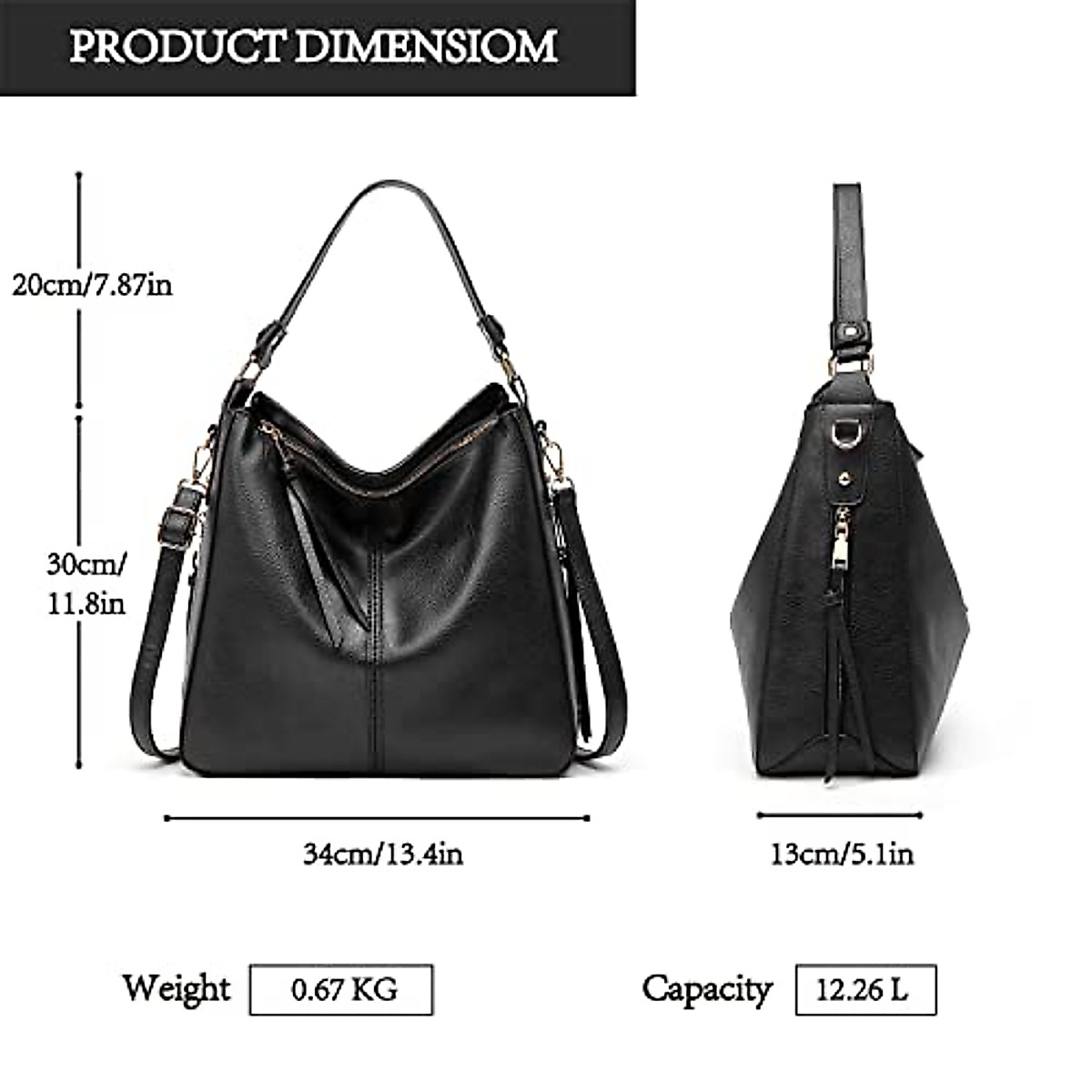 Hobo Bag for Women, Kabanmate Fashion PU Leather Handbag Large Crossbody Tote Shoulder Bag Purse for Ladies Daily Use Black