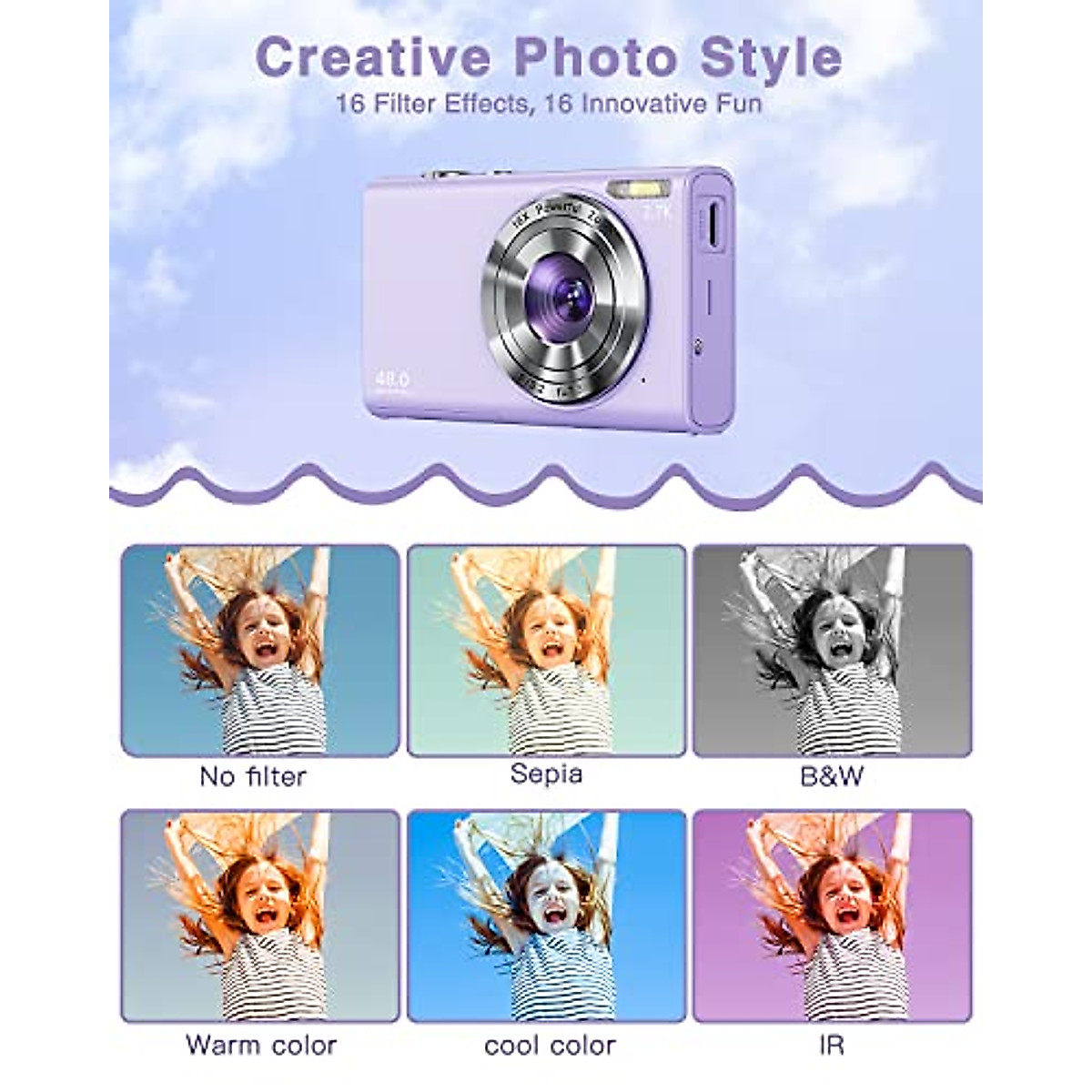Digital Camera, Zostuic 2.7K Autofocus 48MP Kids Camera with 32 GB Card 16X Zoom Compact Portable Mini Toy Cameras Christmas Birthday Festival Gift for Kid Children Teens Girls Boys(Purple)