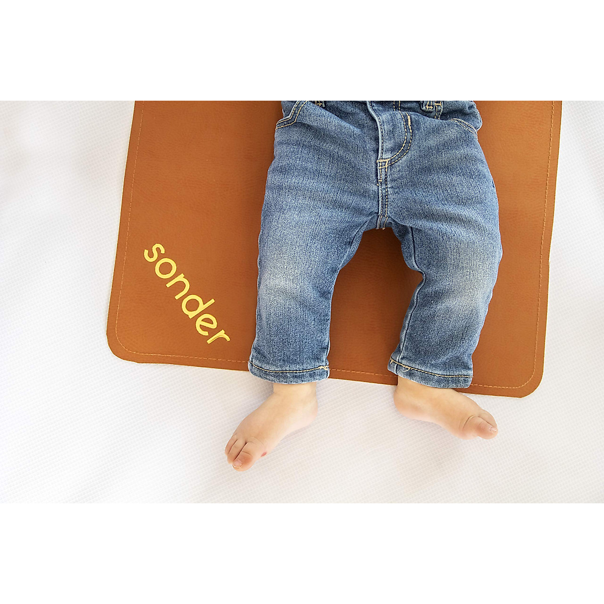 SONDER Double Sided Vegan Leather Changing Mat - Infant and Toddler Multipurpose Portable Waterproof Diaper Pad - Compact for Travel - Deluxe Diaper Changer (14" x 22", Sugar Almond + Honey Gold)