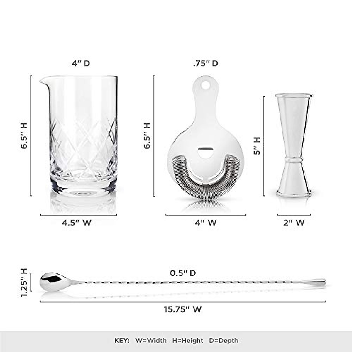 Viski Stainless Steel Bartender Set 4pcs Kit, Drink Mixers for Cocktails Gift Essentials: Mixing Glass, Hawthorne Strainer, Double Jigger and Barspoon, Silver