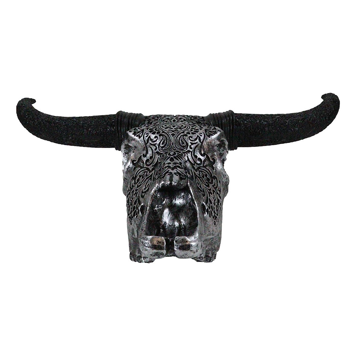 Ebros Gift Silver and Black Tribal Floral Vines Tooled Steer Bison Bull Cow Skull Head with Horns Wall Mount Decor Artistic Replica Native Animal Bust Skulls Hanging Mounted Plaque Sculpture