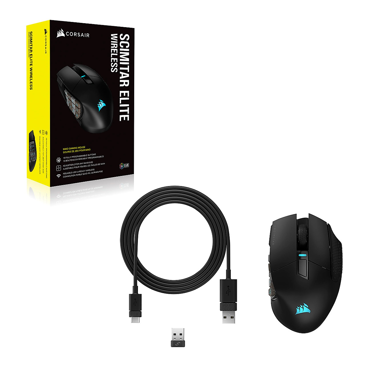 CORSAIR SCIMITAR ELITE RGB WIRELESS MMO Gaming Mouse - 26,000 DPI - 16 Programmable Buttons - Up to 150hrs Battery - iCUE Compatible - Black