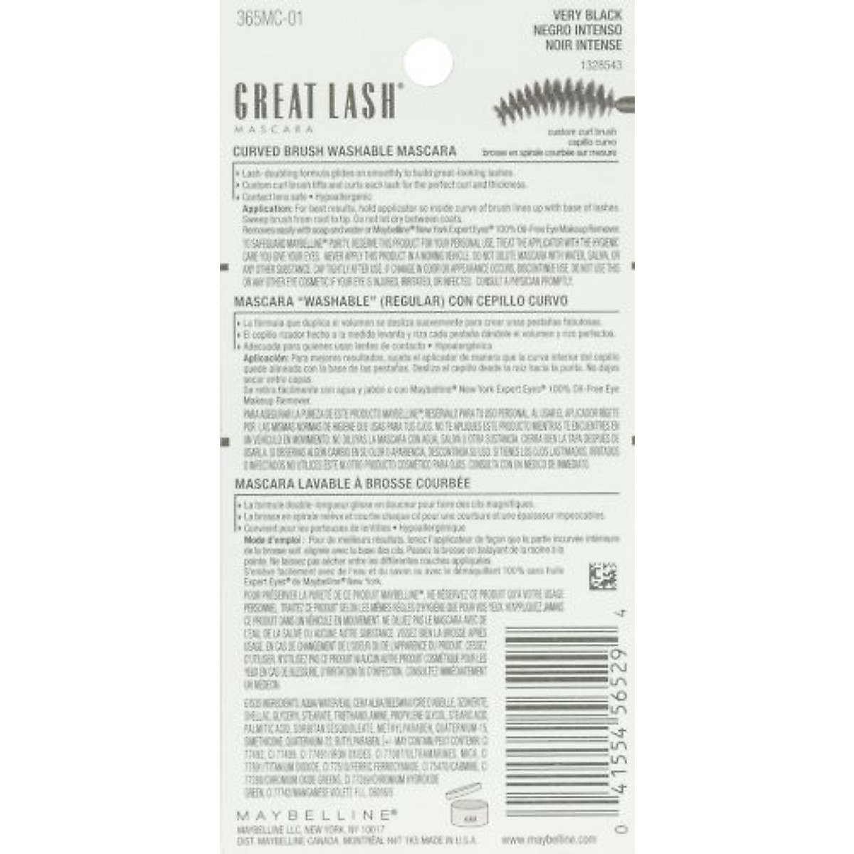 Maybelline New York Makeup Great Lash Curved Brush Washable Mascara, Very Black Mascara, 0.43 fl oz