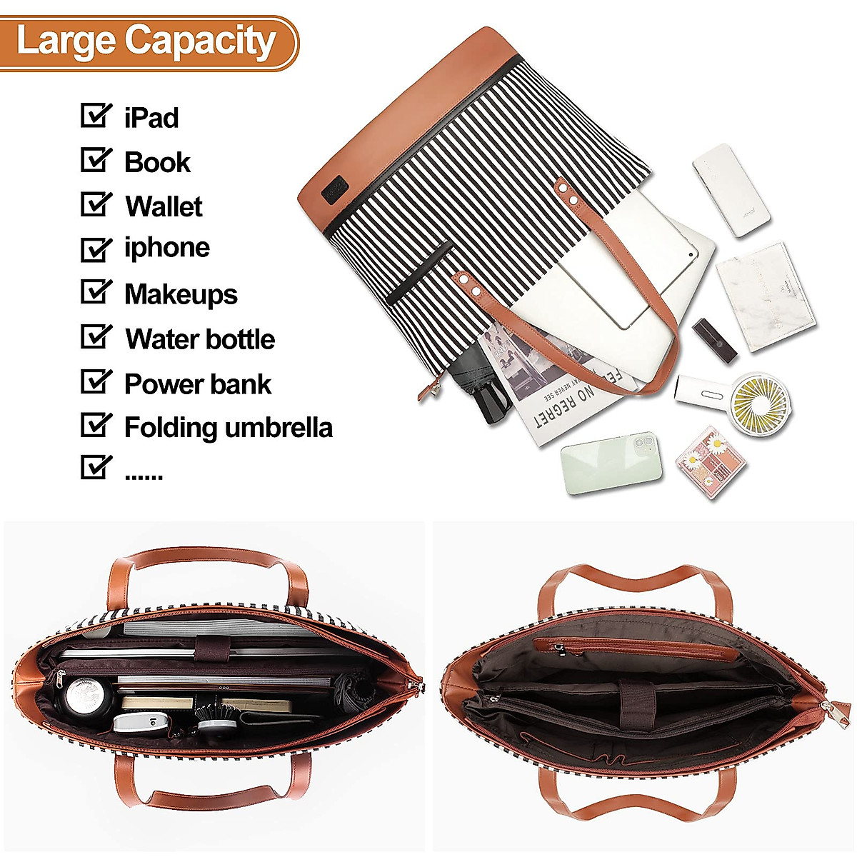 Laptop Tote Bag for Women Large Canvas Womens Briefcase Waterproof Computer Bag Work Bags for Women Fits 15.6 inch Laptop (Brown)