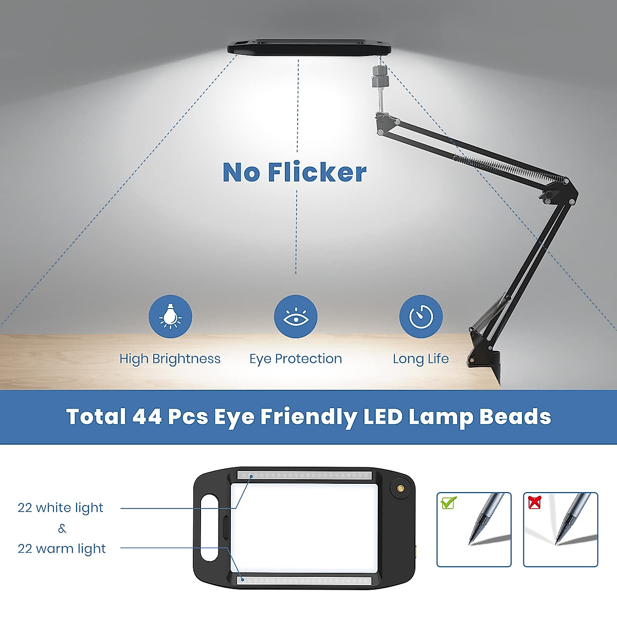 5X Magnifying Glass with Light and Stand, HAMOPY Magnifier Lamp with 2 Color Modes Stepless Dimmable, LED Magnifying Lamp with Clamp Light & Swivel Arm for Workbench Reading Repair Crafts