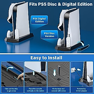 DBEPANK Stand and Cooling Station with Dual Controller Charging Station for PS5 Vertical Stand with Headset Holder for PS5 Accessories for Playstation 5 Console Cooling Fan Stand Black