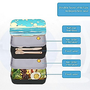 Beach Cartoon Adult Lunch Box, Bento Box, With Cutlery Set Of 3, 2 Compartments, Rectangular, Lunch Box For Adults
