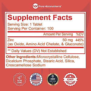 Mega Zinc Supplement, 50mg - 3-in-1 Zinc Complex - 100 Tablets - Pure Micronutrients