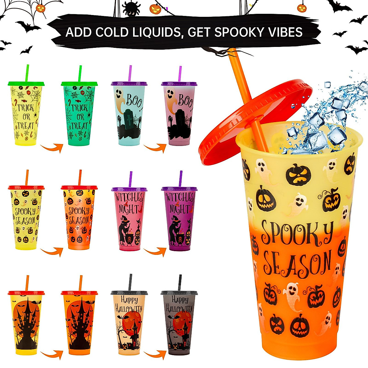 VoziSpace Halloween Decorations Color Changing Reusable Cups with Lids and Straws - 12 Pack 24 oz Plastic Tumblers Bulk with Lids and Straws - Reusable for Party Cups