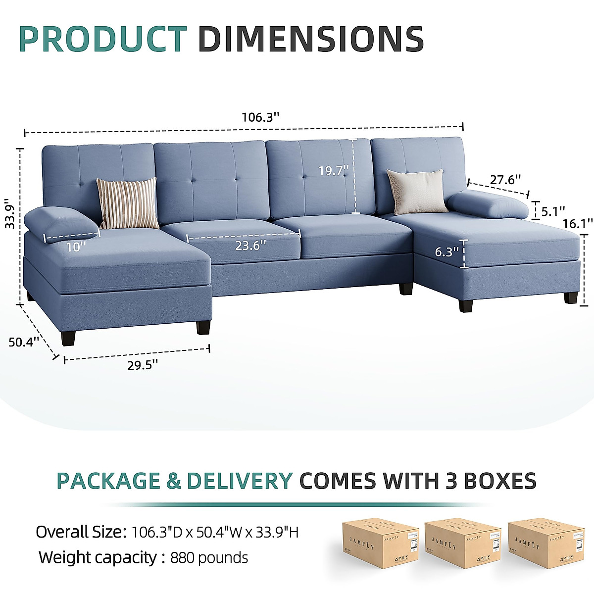 JAMFLY Sectional Sofa Couches for Living Room, Living Room Furniture Sets Clearance, 4 Seat U Shaped Sofa Sectional Couch with Chaise, Blue