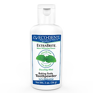 Eco-Dent ExtraBrite Vegan Tooth Powder, Low Abrasion Tooth Whitener, Fluoride Free, Teeth Whitening Powder Toothpaste with Baking Soda, Up to 200 Brushings, Dazzling Mint, 2 Oz